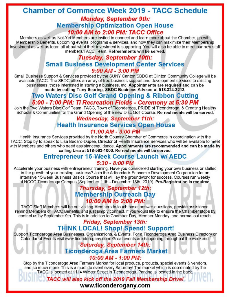 Ticonderoga Area Chamber of Commerce | 2019 Chamber Week – TACC Schedule