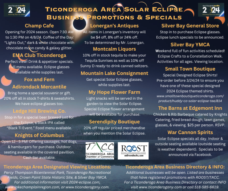 Ticonderoga Area Chamber of Commerce | April 8th: Solar Eclipse 2024 ... Ticonderoga Area Chamber of Commerce | April 8th: Solar Eclipse 2024 ...
